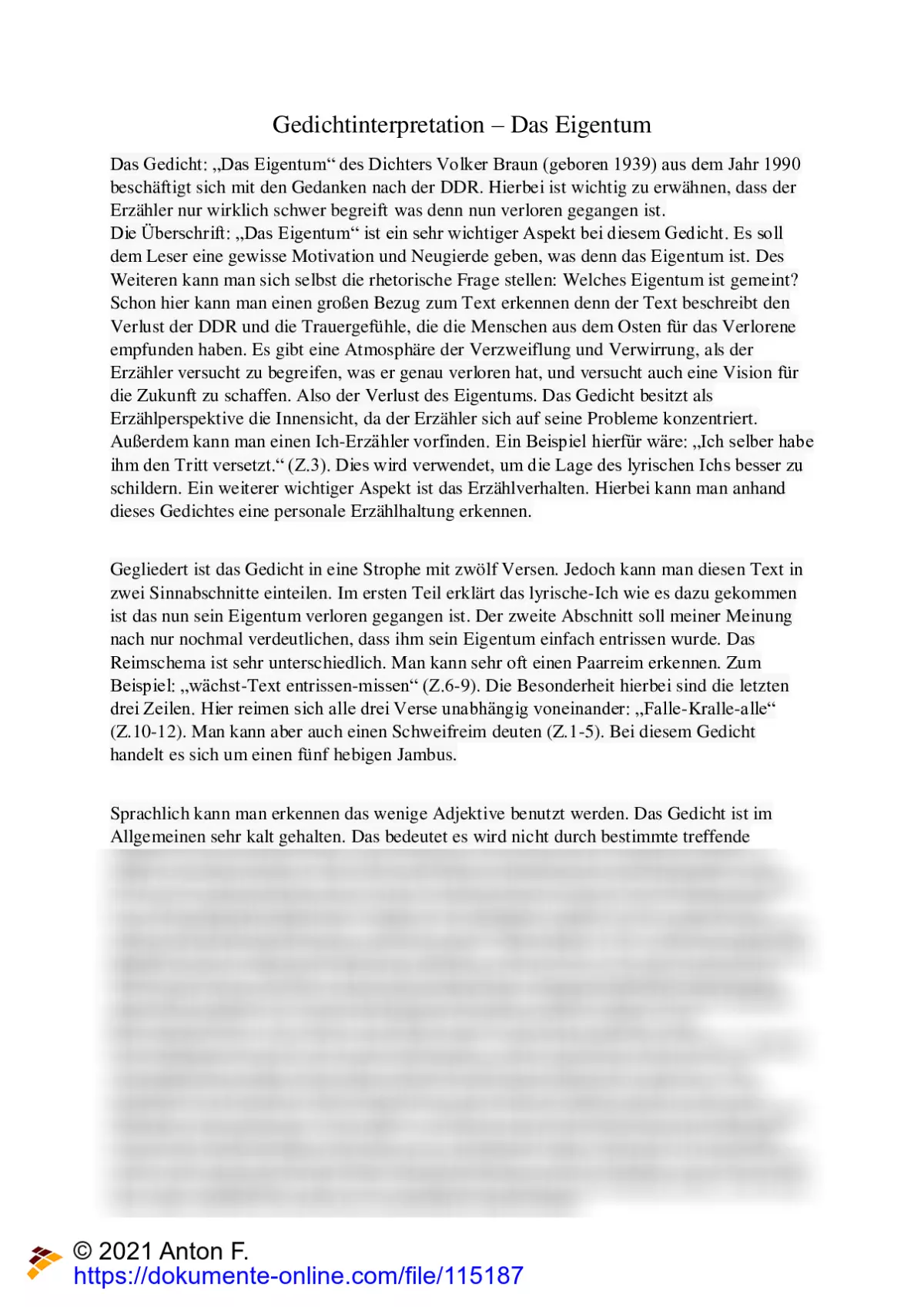 Interpretation Das Eigentum: Volker Braun
