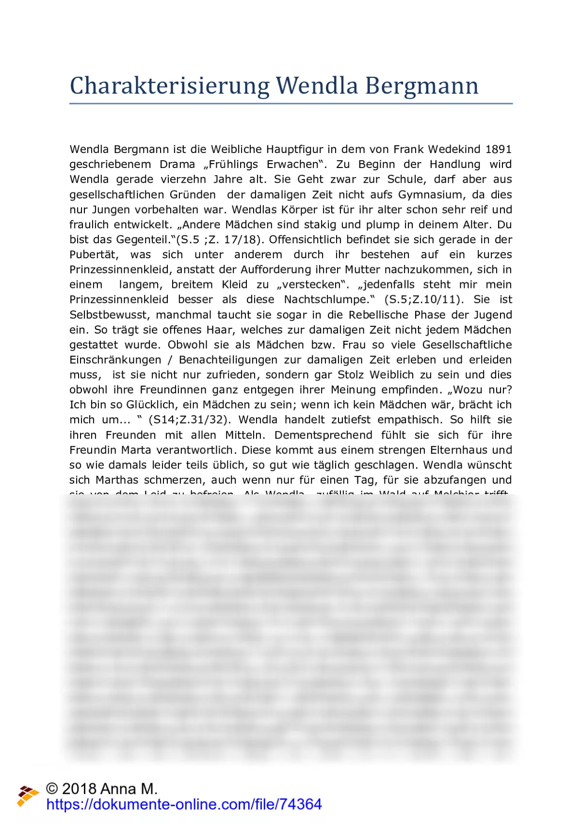 Charakterisierung Wendla Bergmann in Frühlings Erwachen von Wedekind