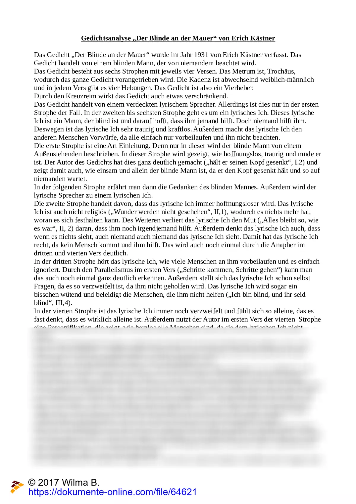 Gedichtsanalyse "Der Blinde an der Mauer" von Erich Kästner