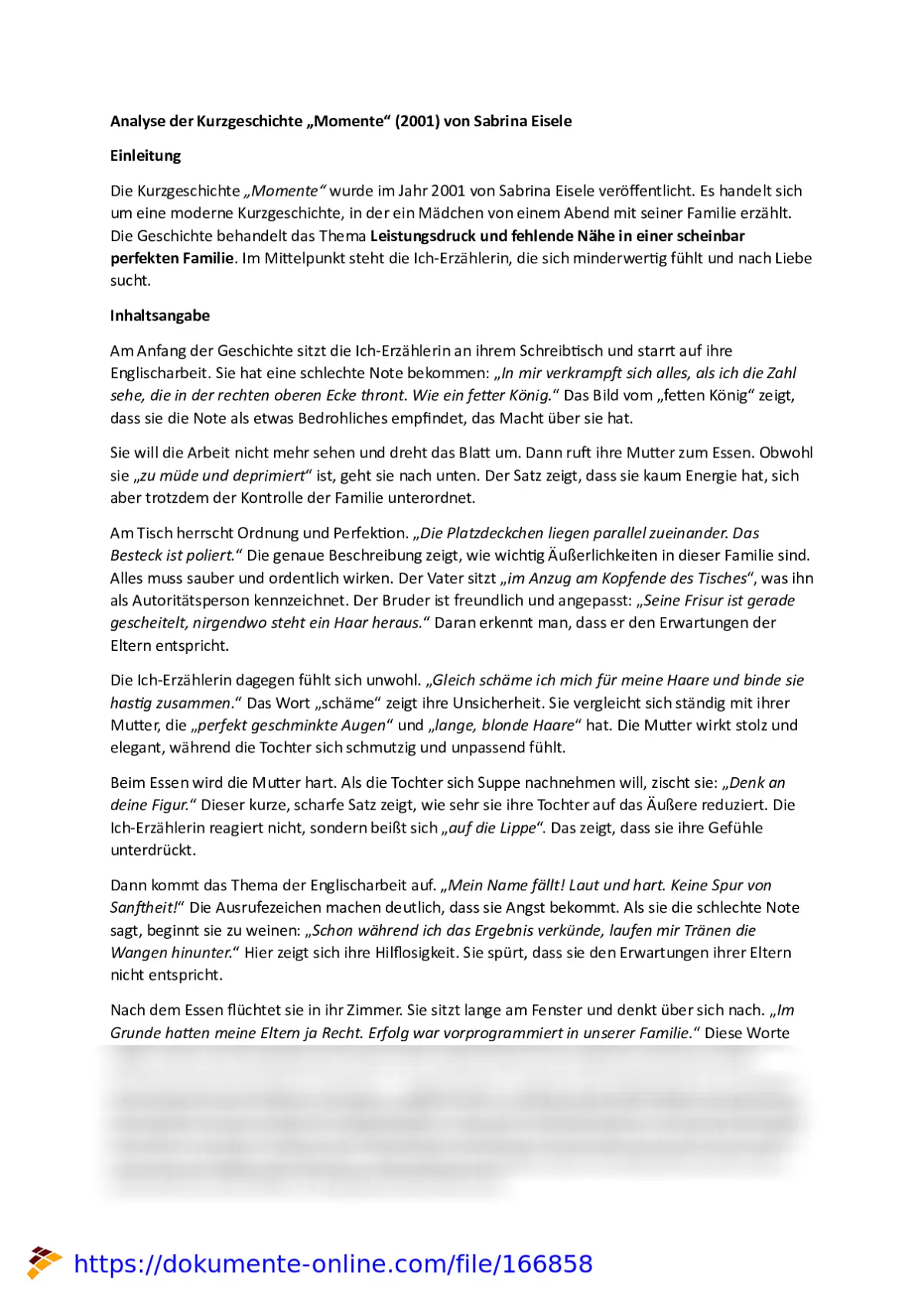 Analyse der Kurzgeschichte Momente von Sabrina Eisele (Klassenarbeit)