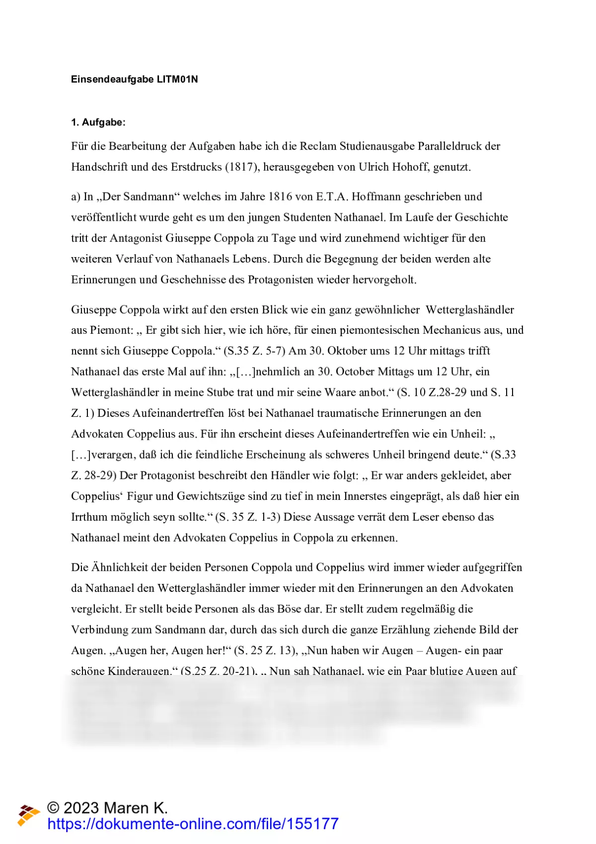 Einsendeaufgabe LITM 1N-XX1-A15: Analyse von E.T.A. Hoffmanns "Der ...