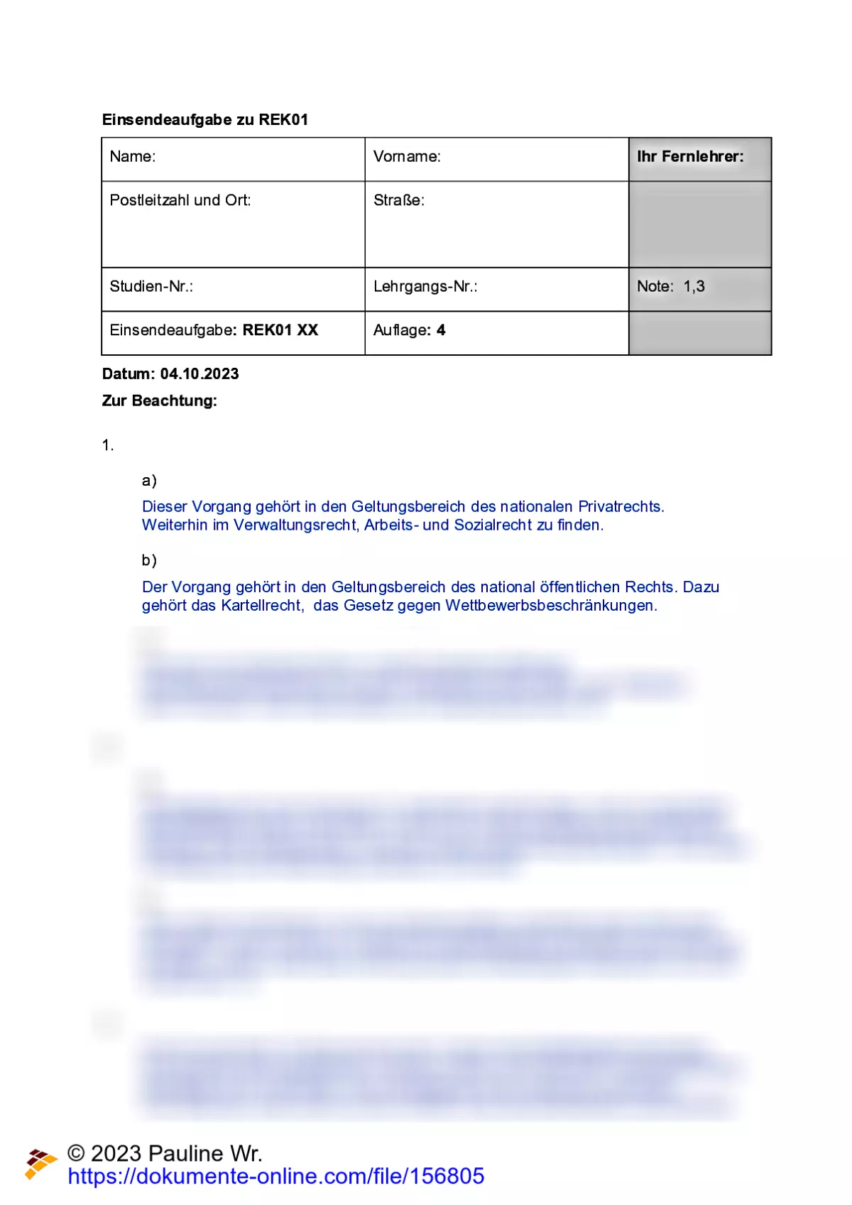 Einsendeaufgabe REK01: Einführung in das Rechtswesen Teil I