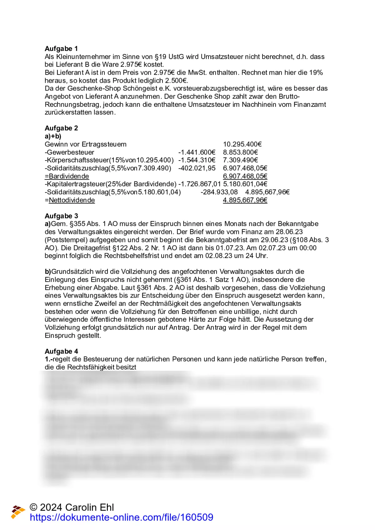 Steuern und BWL: Einsendeaufgabe ILS/SGD/HFH, Code BWL 2-XX09-A13