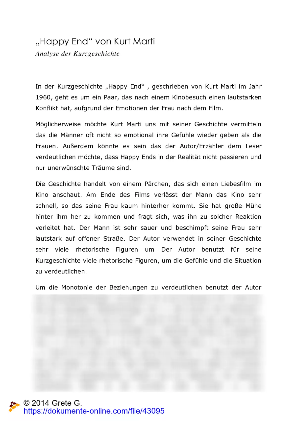 Analyse der Kurzgeschichte Happy End von Kurt Marti