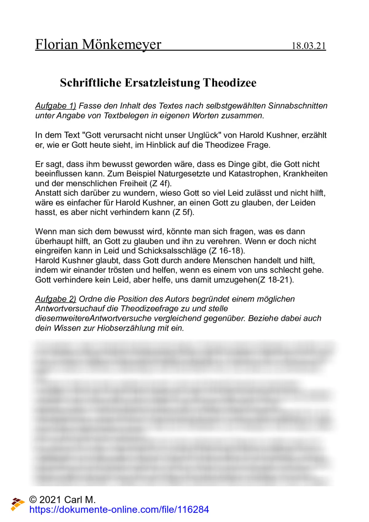 Theodizee-Frage: Analyse von Harold Kushners Perspektive in der Hausübung