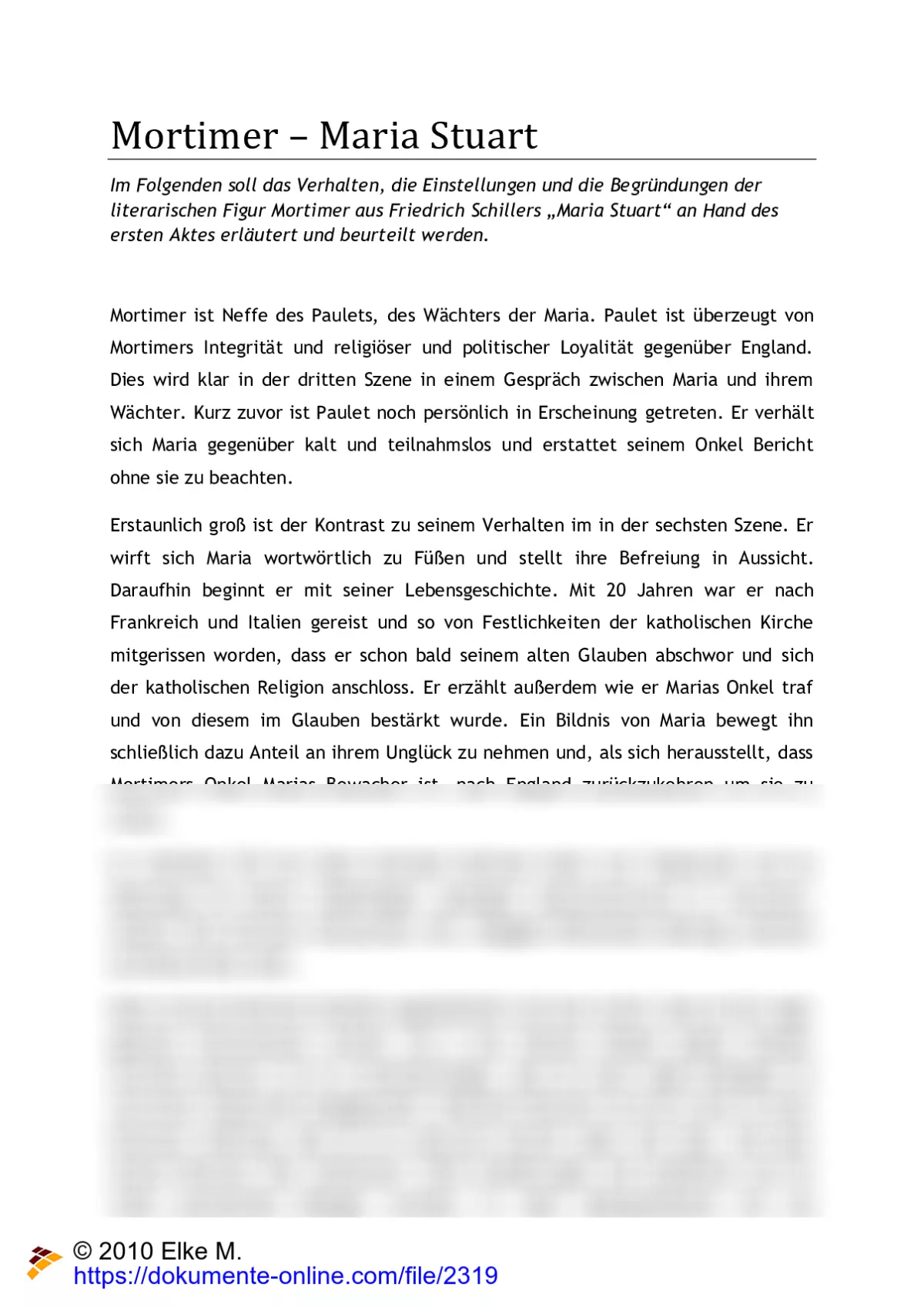 Analyse Mortimer in Schillers Maria Stuart - Charakterstudie