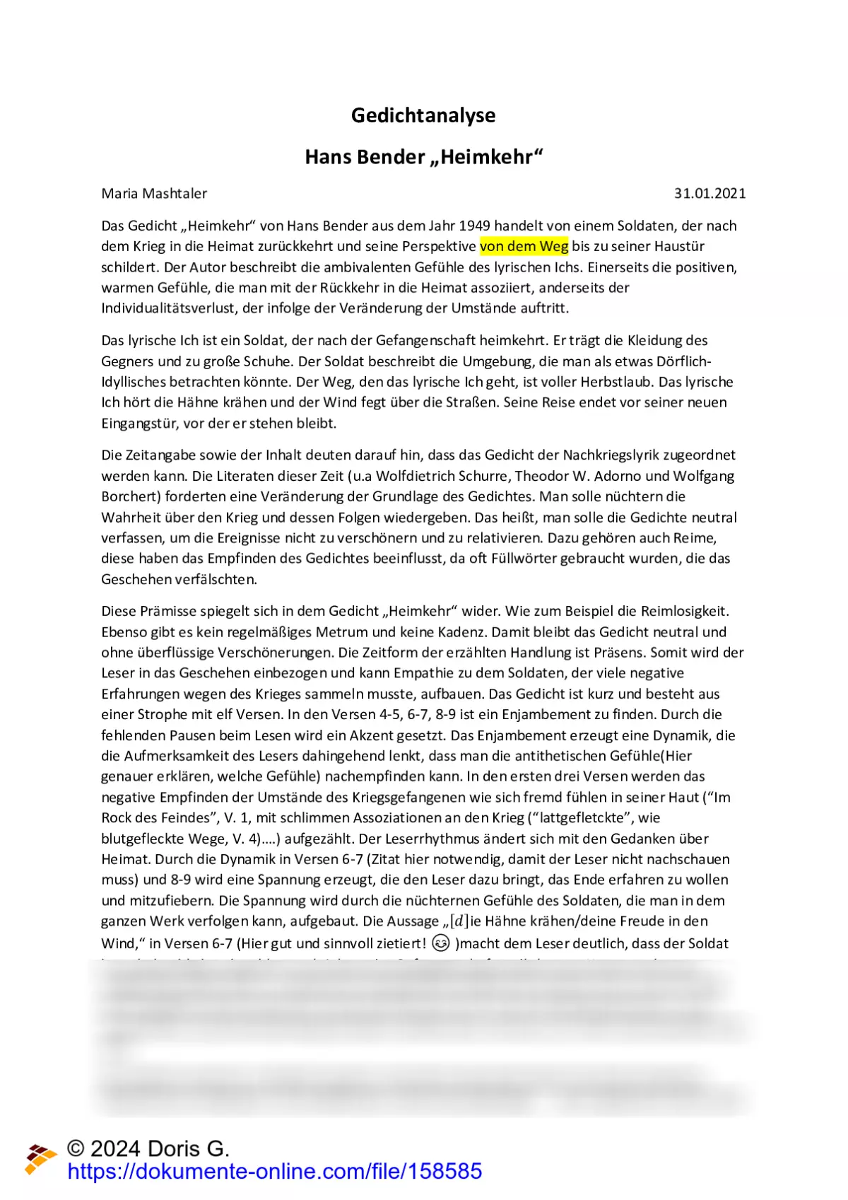 Gedichtanalyse "Heimkehr" von Hans Bender - Einblicke in die Nachkriegszeit