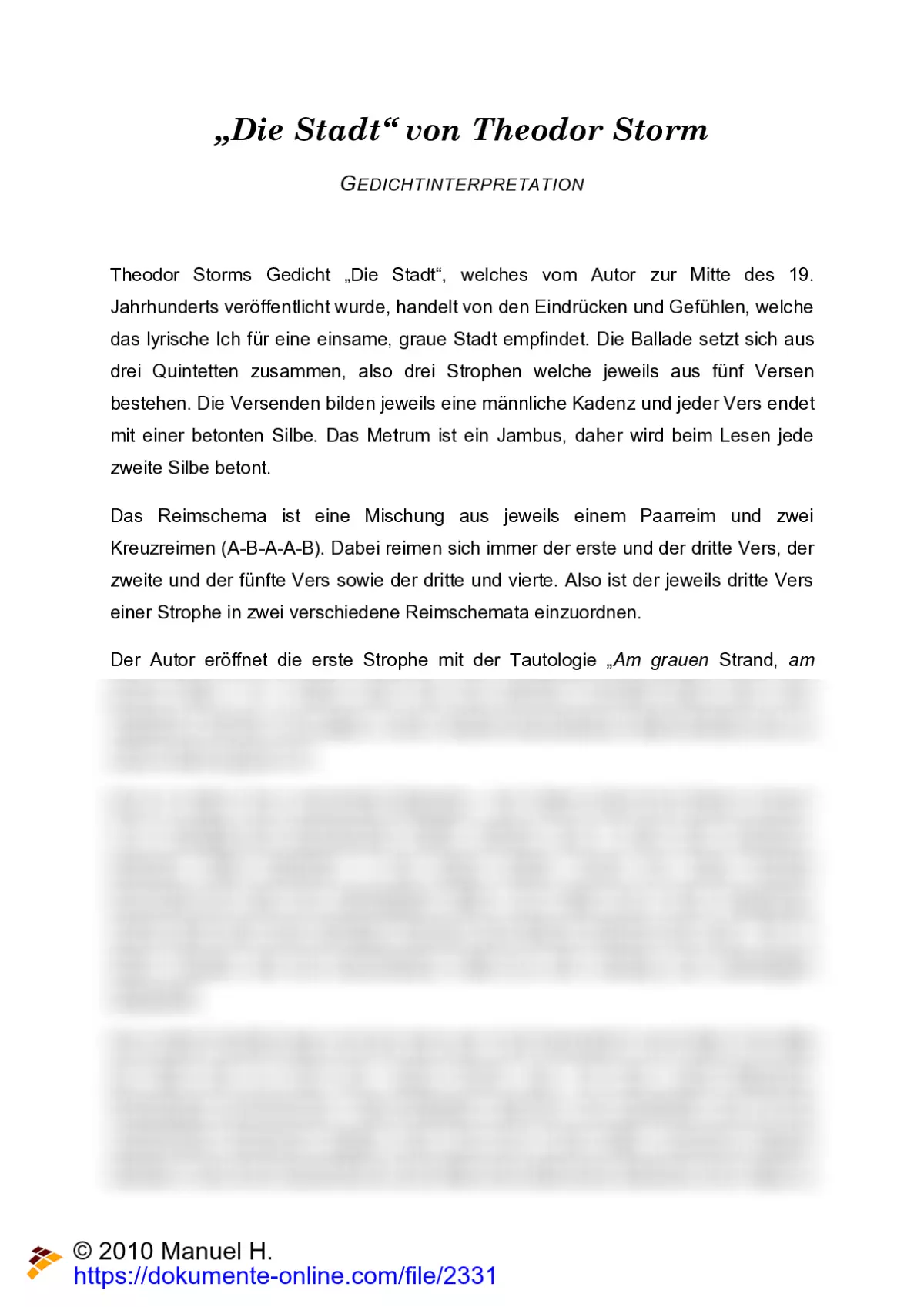 Die Stadt von Theodor Storm - Gedichtanalyse