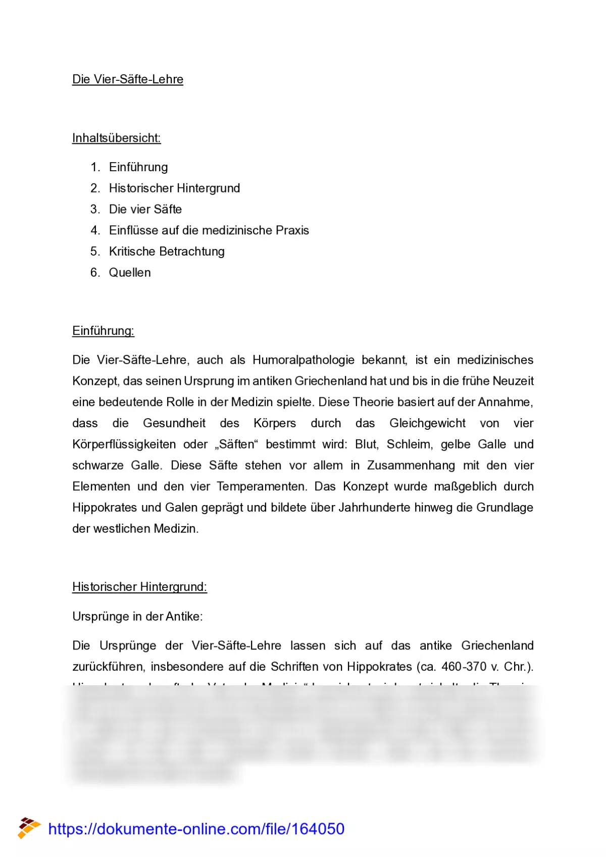 Vier-Säfte-Lehre: Historischer Einblick - Handout