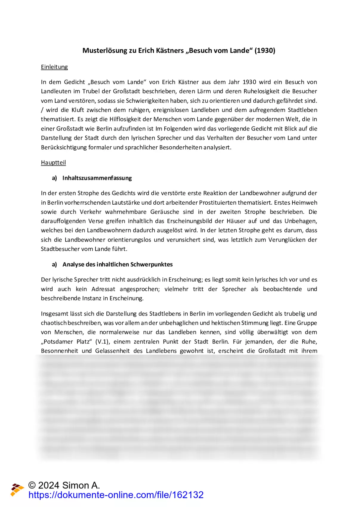 Gedichtsanalyse: Erich Kästners „Besuch vom Lande“ – Stadt- und Landleben