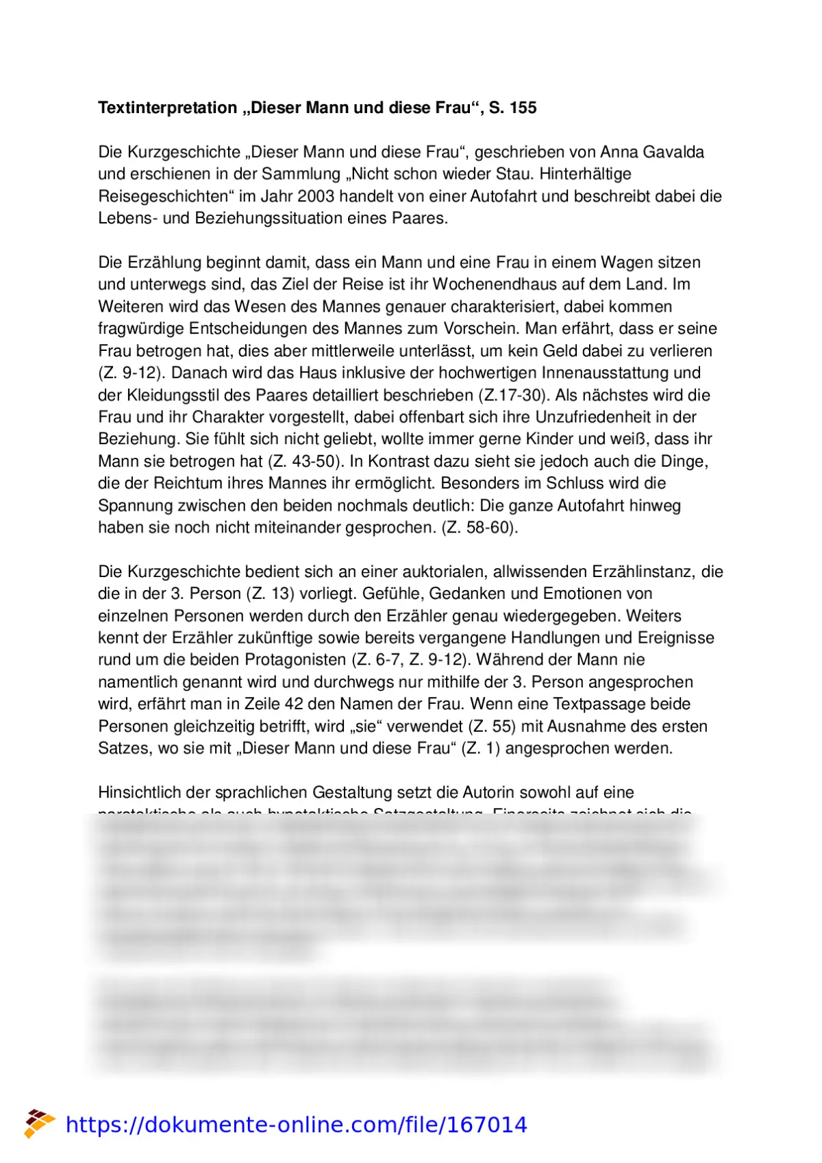 Textinterpretation zu "Dieser Mann und diese Frau" von Anna Gavalda