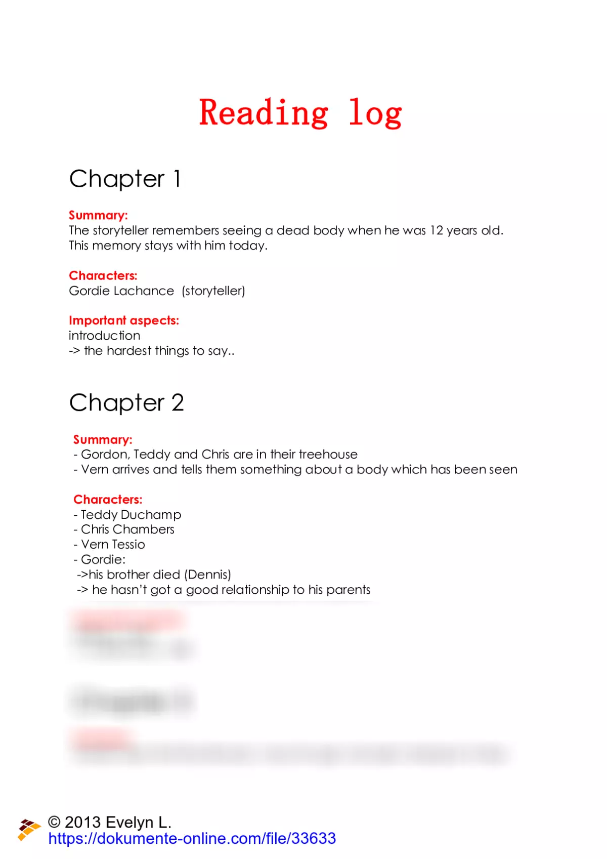 Summary of Stephen King's "The Body" Chapters 1-15