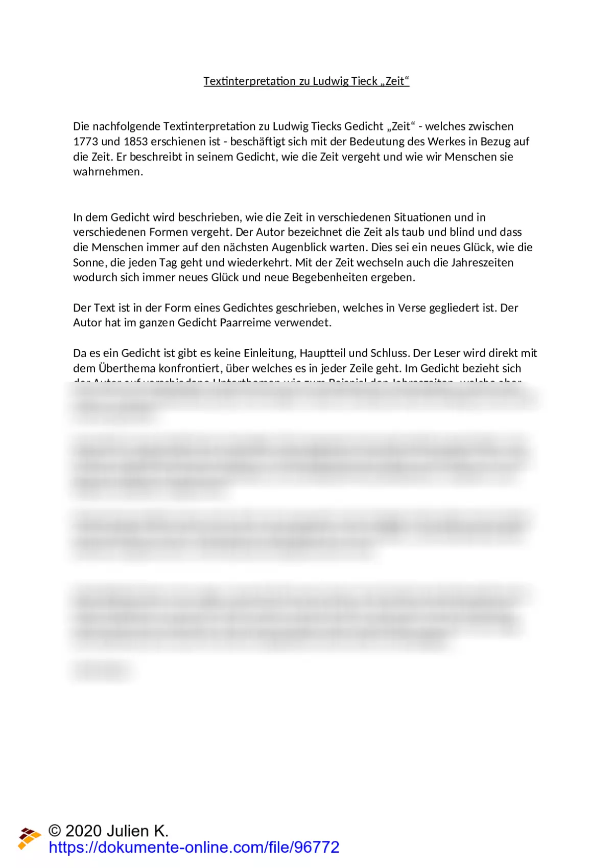 Interpretation des Gedichts 'Zeit' von Ludwig Tieck: Romantik und ...