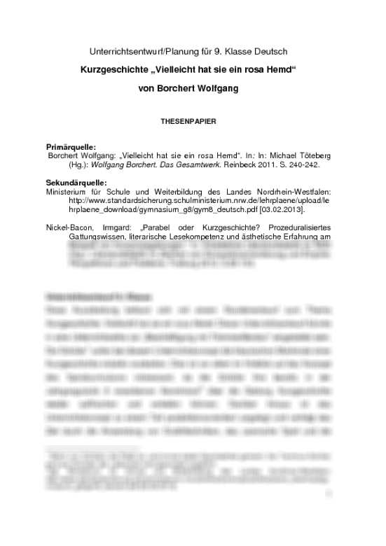 Effektiver Deutschunterricht: Borcherts 'Vielleicht hat sie ein rosa Hemd'